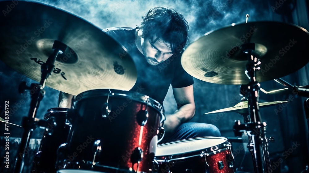 A focused drummer in a dark environment with an intense facial ...