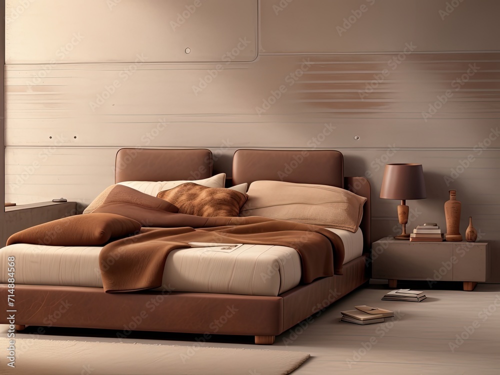 An ugly brown leather bed leaning against a concrete wall. Modern ...