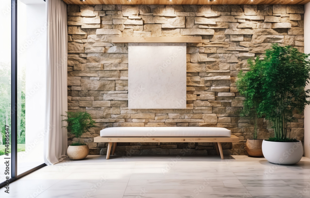 Wild stone cladding wall in bright hallway. Wooden bench near white ...