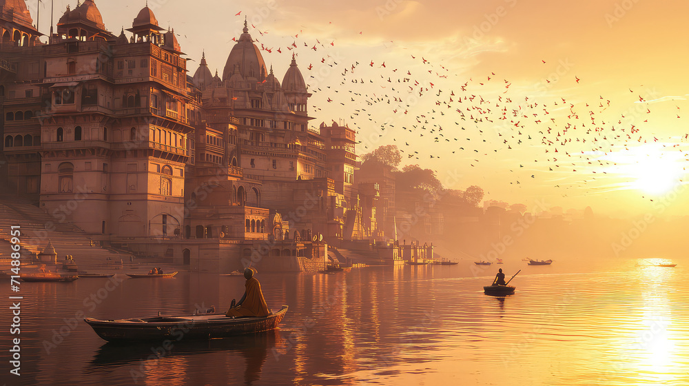 3d illustration of Ancient Varanasi city architecture at sunset with ...