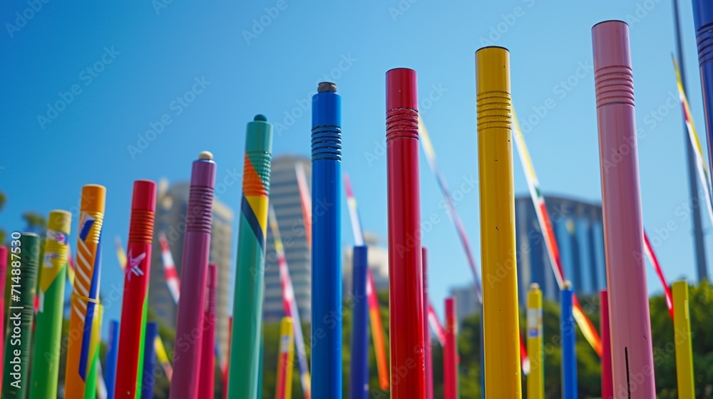 A group of cricket stumps standing tall, with the vibrant colors of the ...