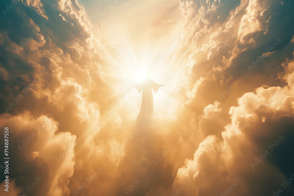 The resurrected Jesus Christ ascending to heaven above the bright light ...
