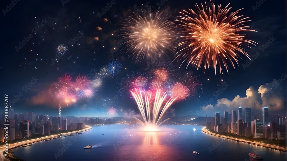 fireworks in the city in night,A pyrotechnic display in the night sky ...