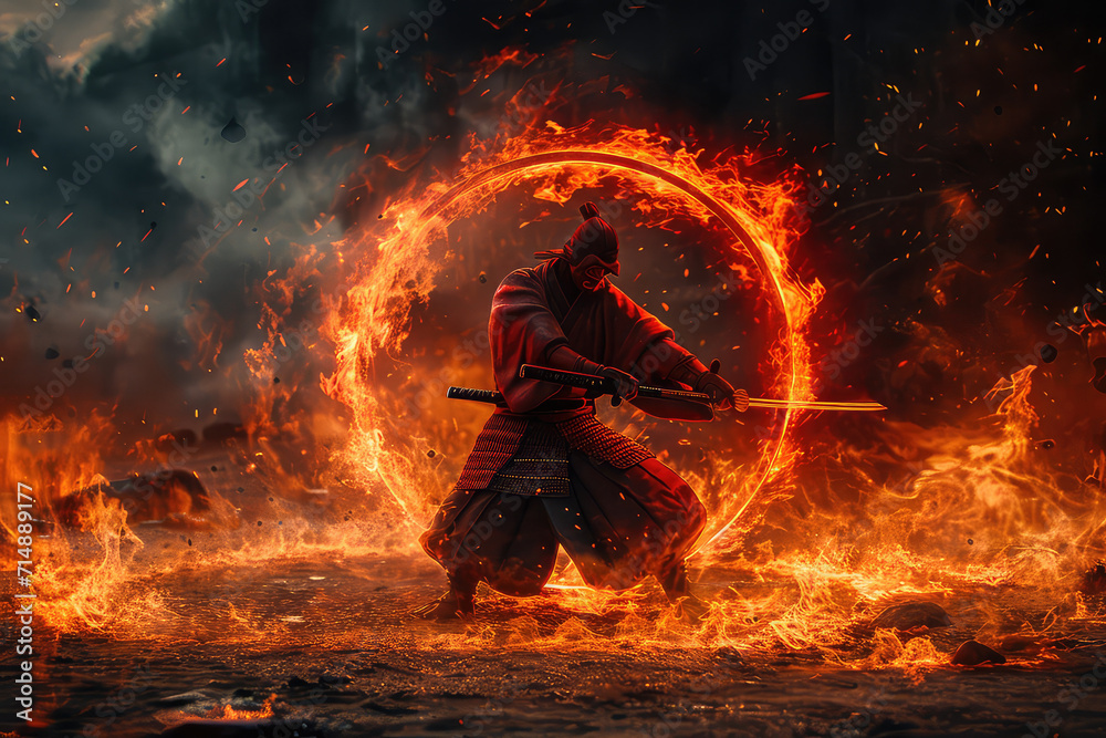 3d illustration of a samurai in a demonic red mask on the battlefield ...