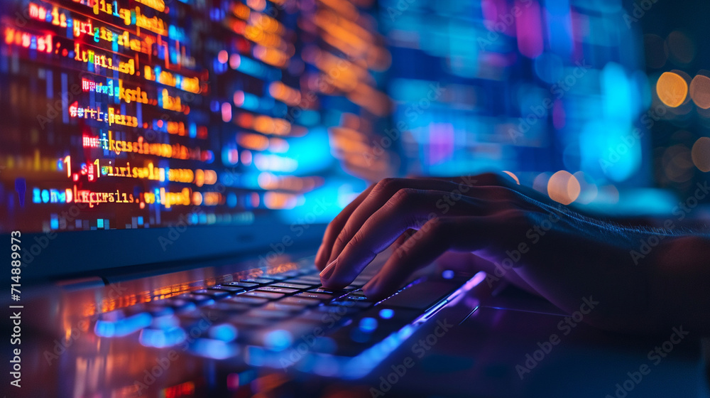 Hands typing on a keyboard with machine learning code projected on the ...