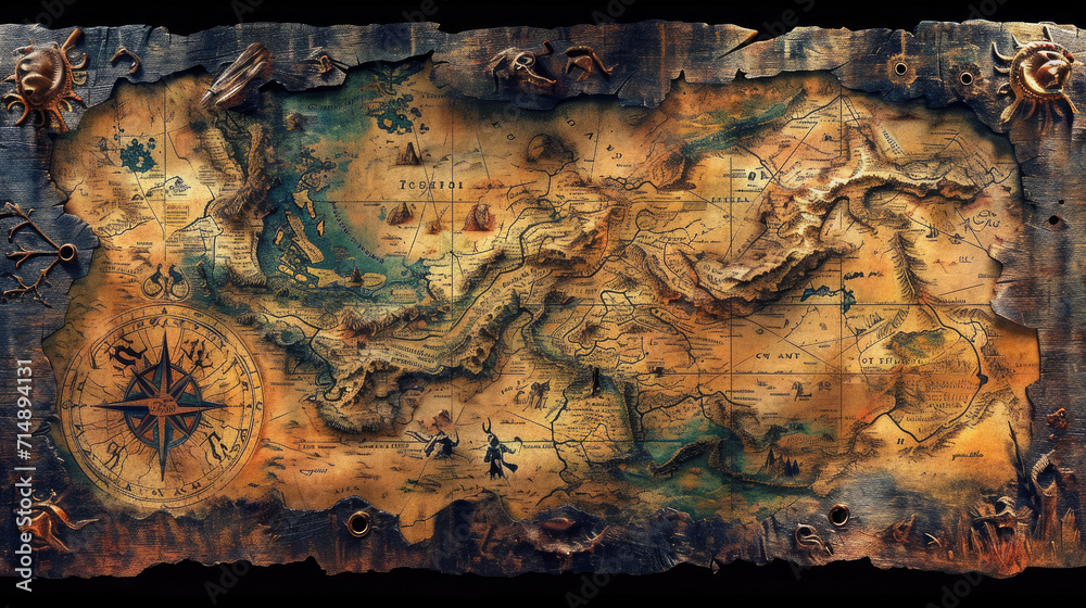 An old, detailed pirate map with adventure symbols. Stock Illustration ...
