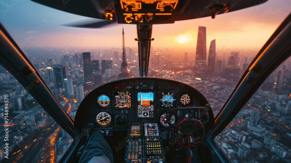 Helicopter cockpit flying on mountain landscape and cloudy sky, with ...