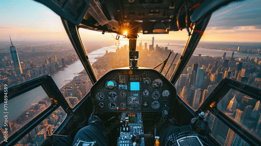 Helicopter cockpit flying on mountain landscape and cloudy sky, with ...