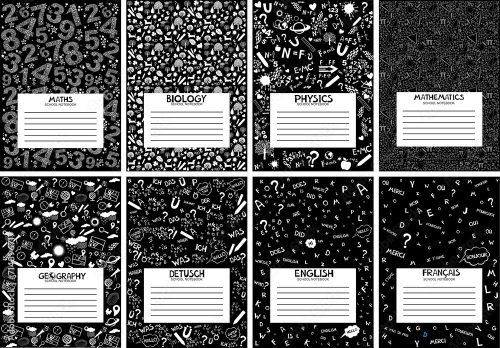 School notebook cover template set. Cute notepad workbook design with ...