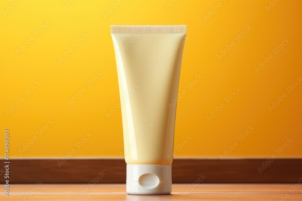 Yellow tube with hand cream. Presentation of cosmetics on yellow ...