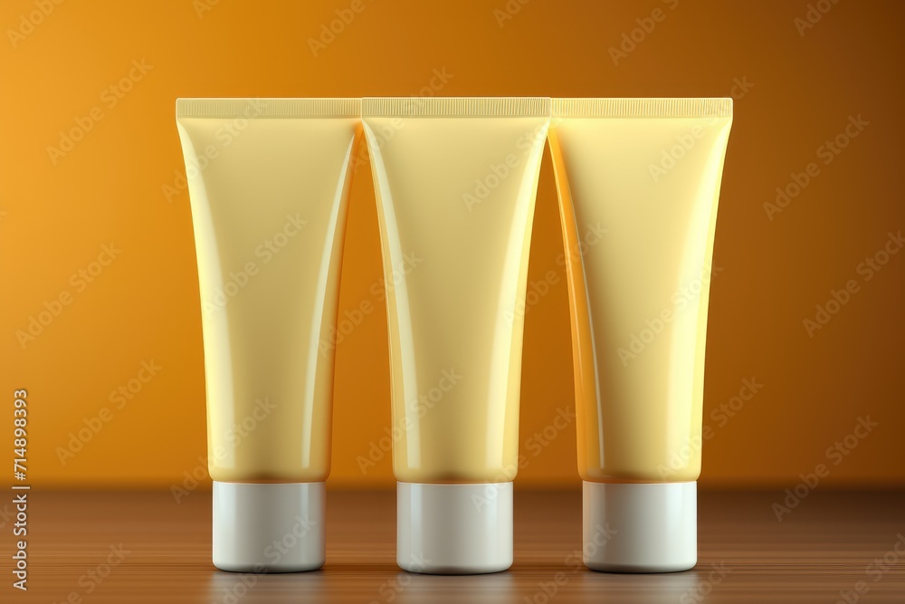 Three yellow tubes of hand cream. Presentation of cosmetics on yellow ...