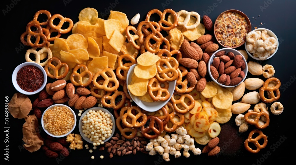 Salty snacks texture on a dark background. Party food mix. Potato and ...