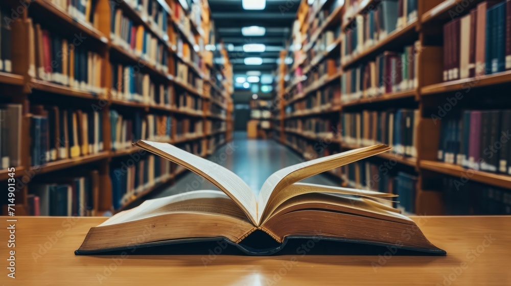 Book in library with old open textbook, stack piles of literature text ...
