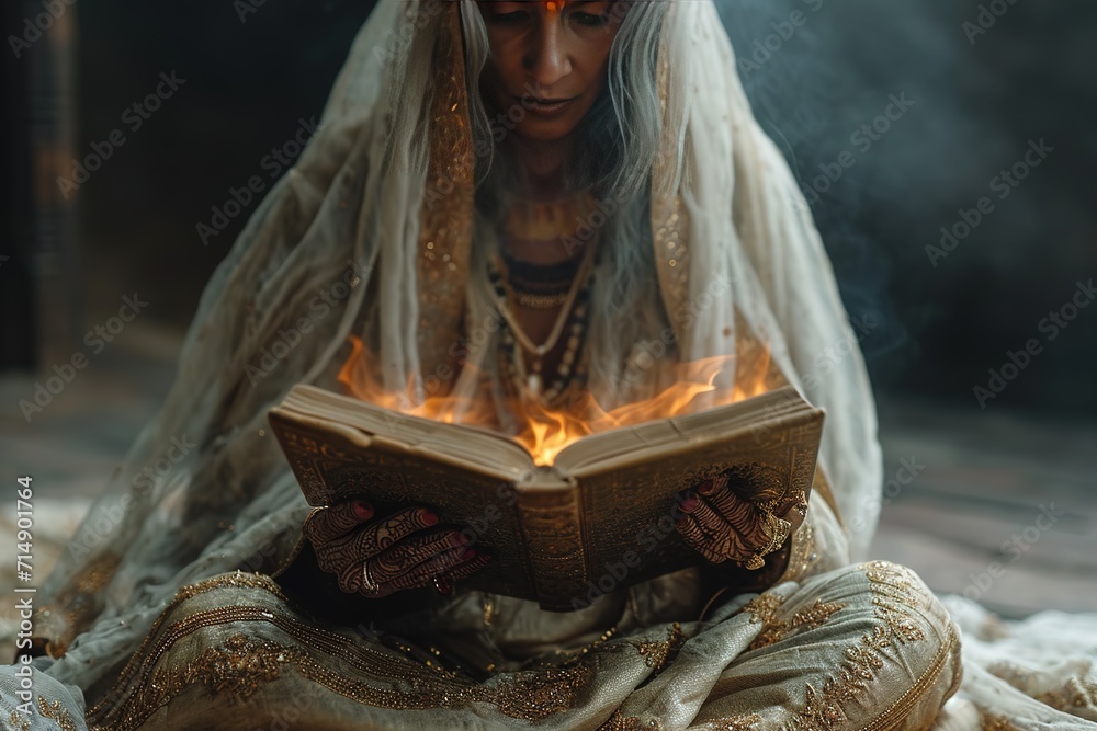 Mystical woman reading a burning book with intense focus, draped in a ...