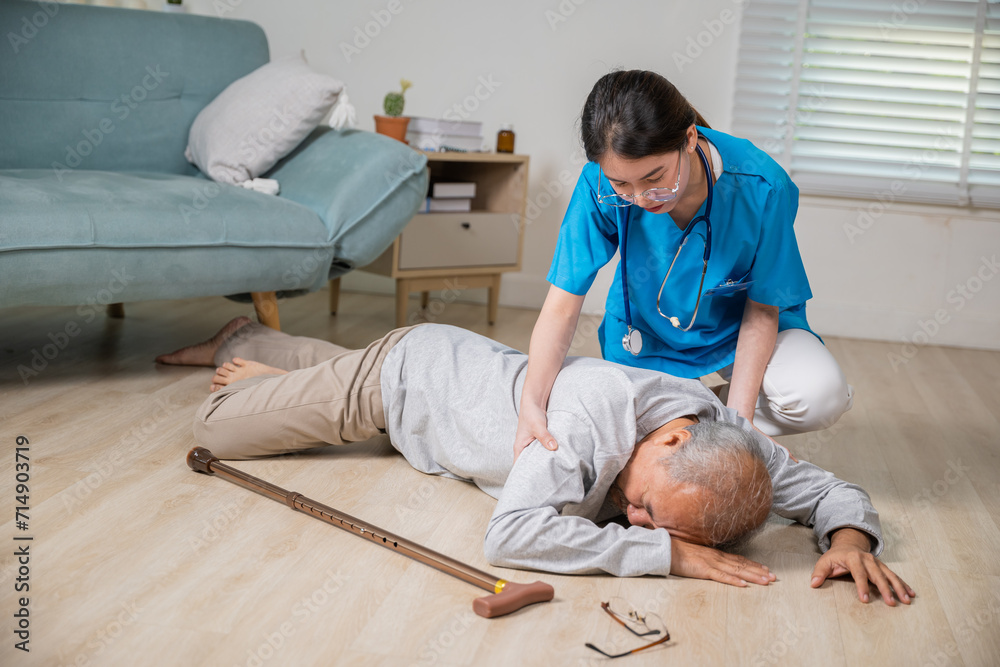 Disabled elderly man patient with walking stick fall on ground and ...