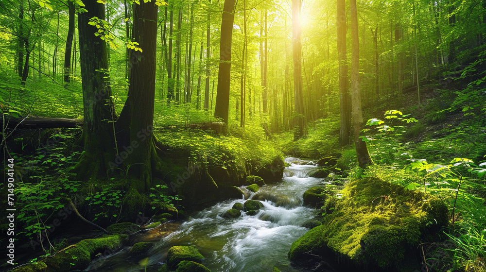 In the heart of a dense, ancient forest, a babbling brook winds its way through towering trees ...