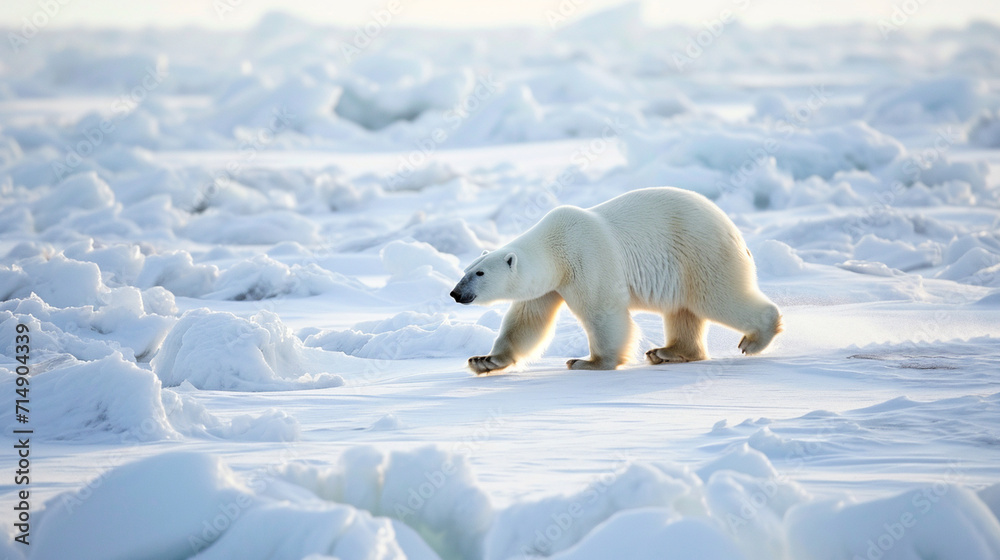 In the Arctic tundra, a lone polar bear traverses a vast expanse of ...