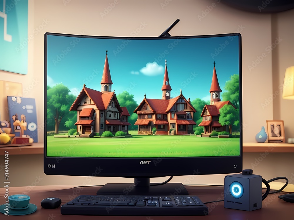 The image shows a curved monitor on a wooden desk. The monitor displays ...