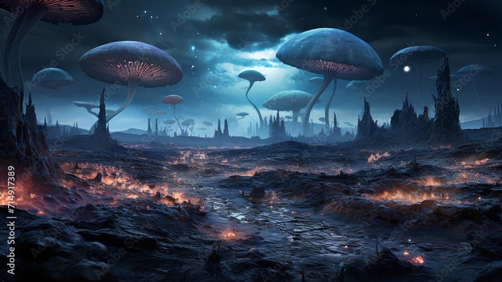 Desolate alien landscape with bioluminescent fungal growths emerging ...