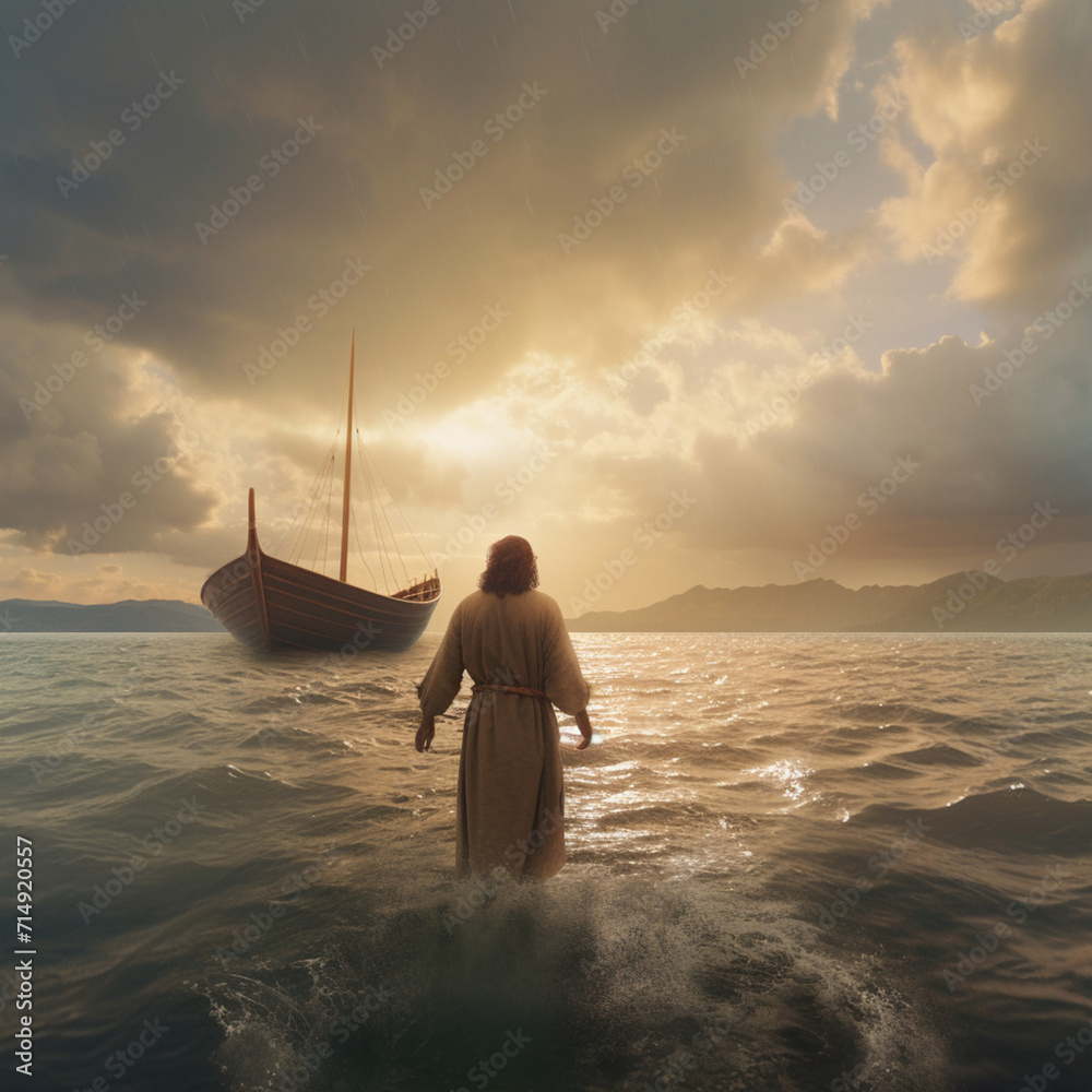 Jesus crossing the sea. Generative AI Stock Illustration | Adobe Stock