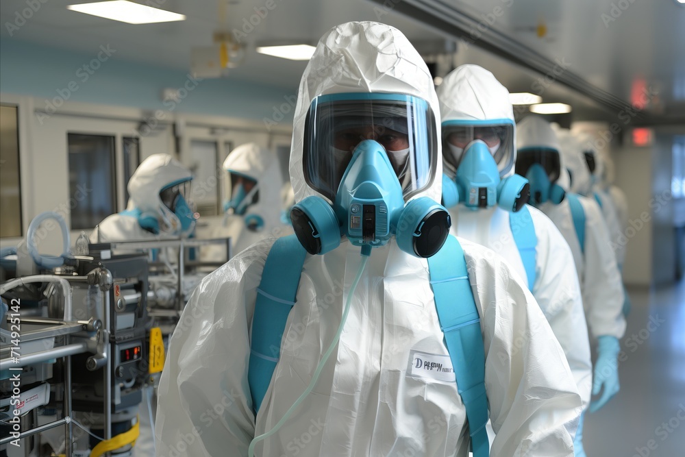 Group of medical workers wearing hazmat suits and goggles working in ...