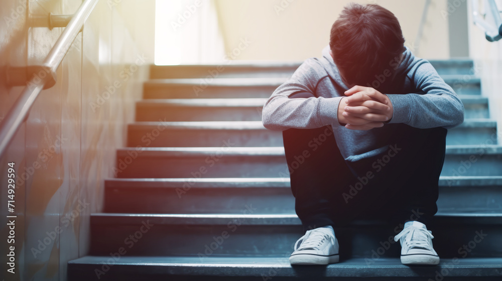 Bullying concept, Depressed boy sitting alone at stairs, Victim of ...