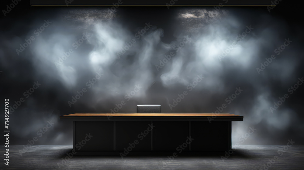 Empty dark workroom with a chair, interrogation room, dark wall ...