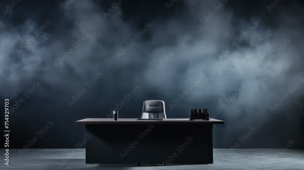 Empty dark workroom with a chair, interrogation room, dark wall ...