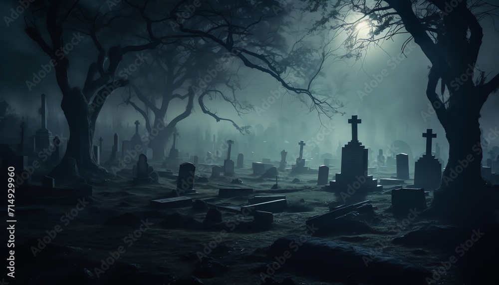 Moonlit cemetery with eerie fog, silhouetted trees, and ancient tombstones. Stock Illustration ...
