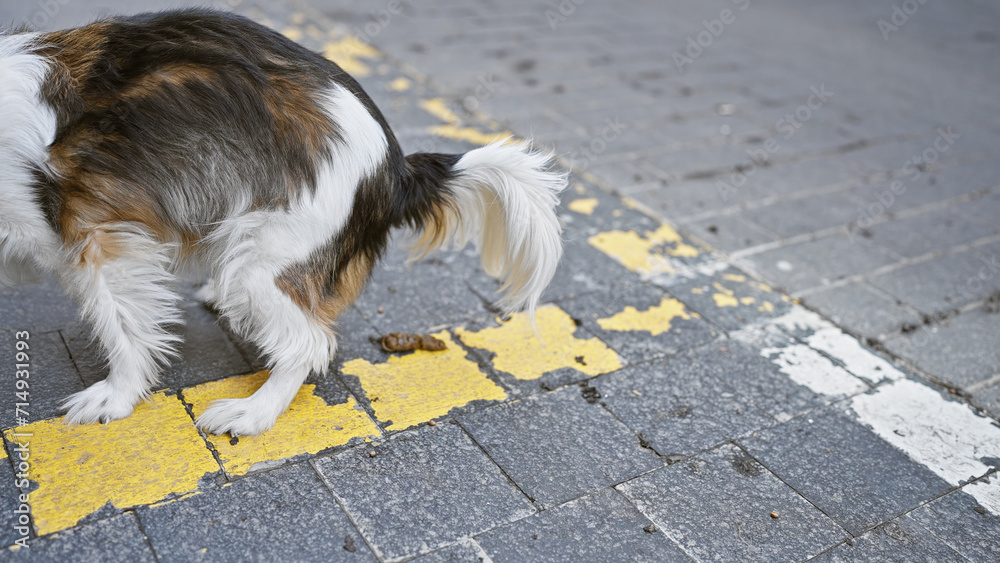 A dog defecating on a pedestrian crossing with yellow and white road ...
