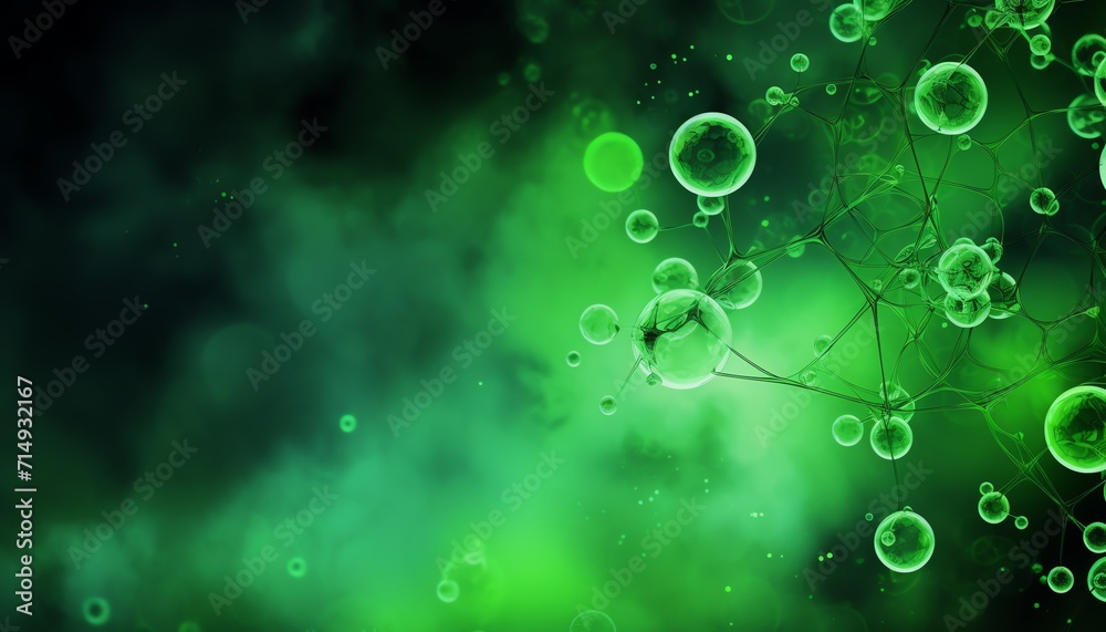 Abstract green background with translucent bubbles and molecular ...
