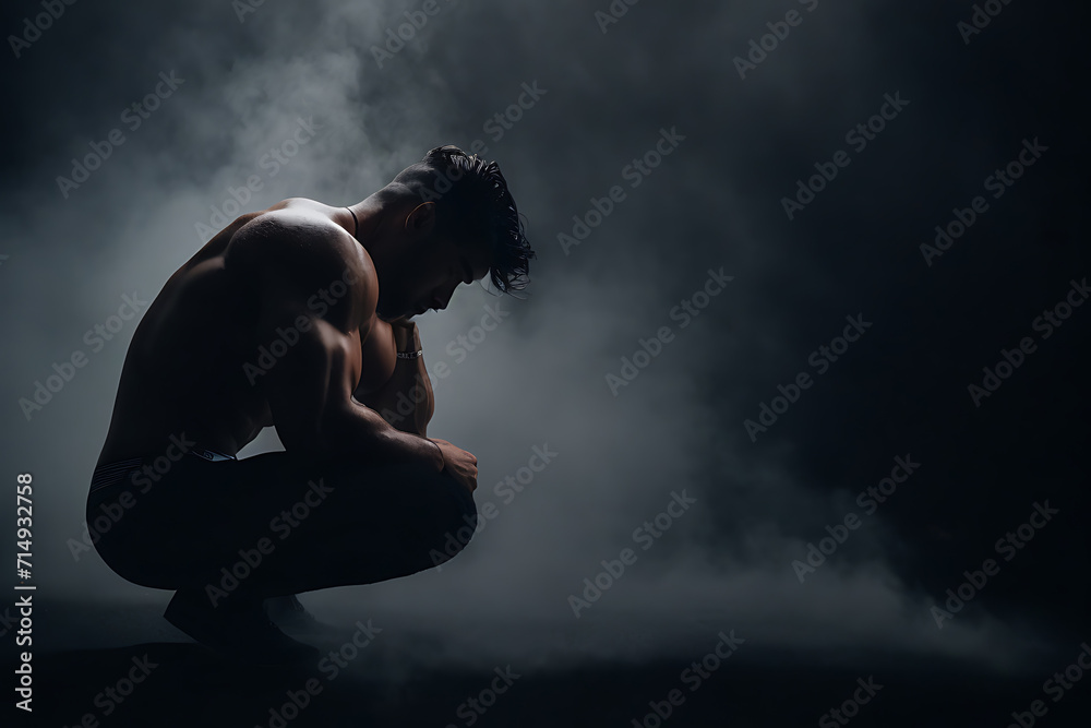Shirtless Man Kneeling Down in the Dark, Powerful Image of Solitude and ...