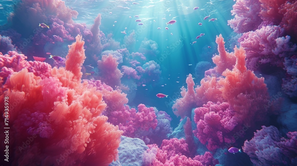 Abstract underwater world where coral reefs are replaced by floating ...