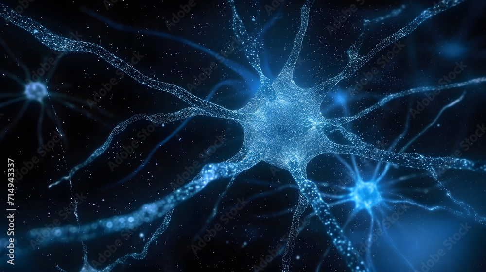 Abstract blue colored neuron cell in the brain on black motion ...