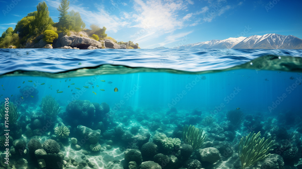 Split underwater view with sunny sky and serene sea, Ai generated image ...