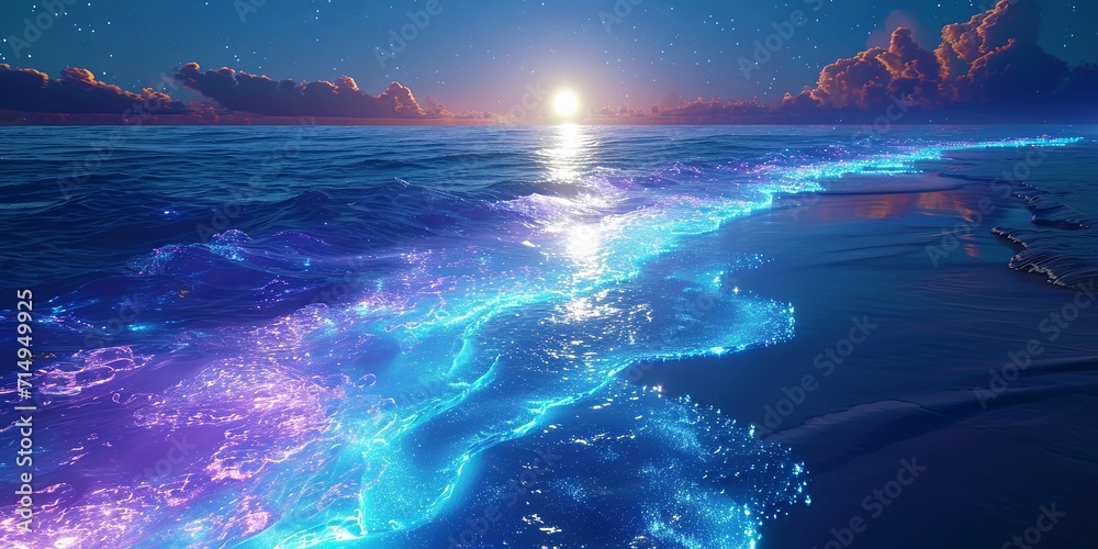 Light blue beach covered with colored glowing glass, fluorescent ocean, moonlight, sparkling ...