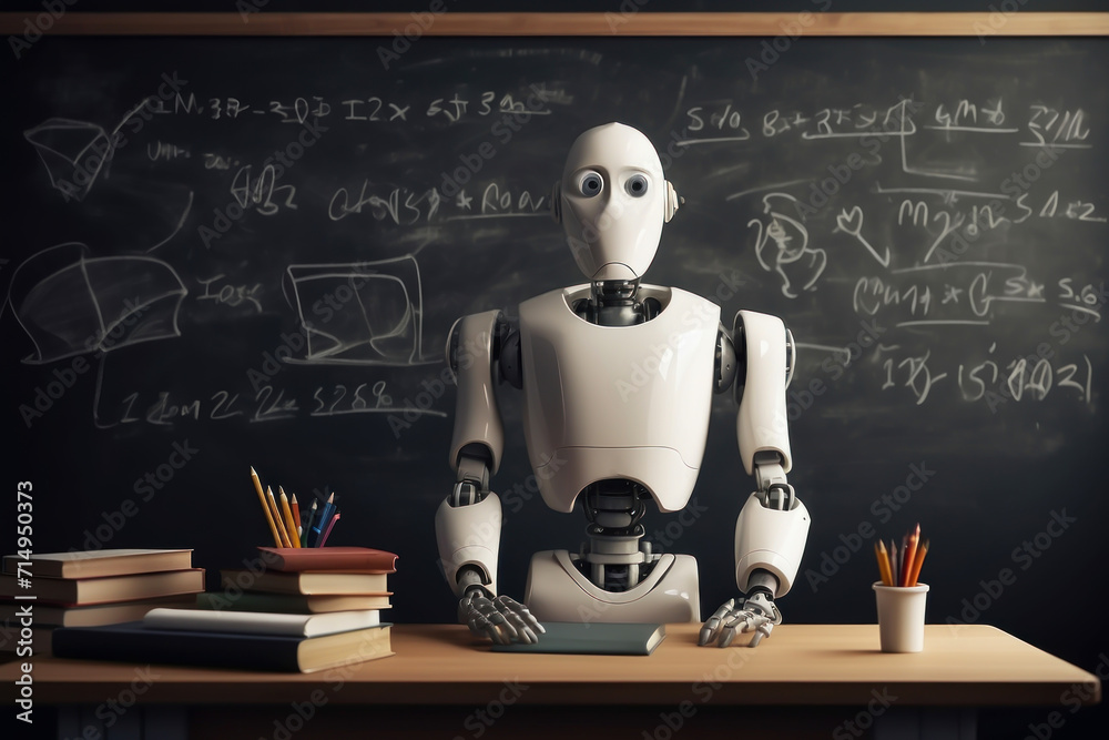 robot student, on the background of a blackboard. the robot is studying ...