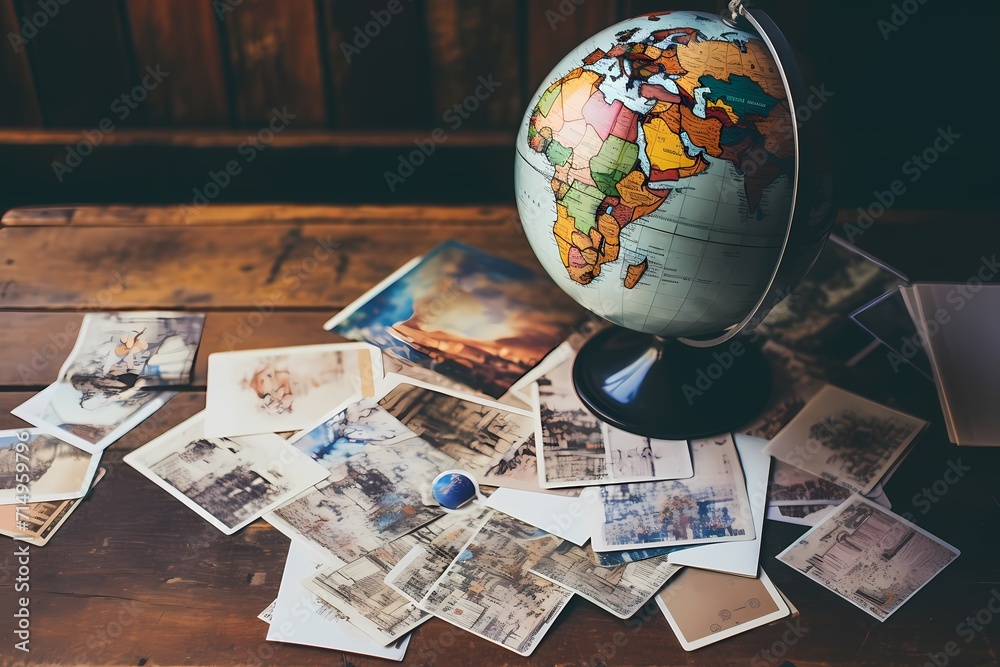 A stack of worn postcards and a globe on a weathered wooden table ...