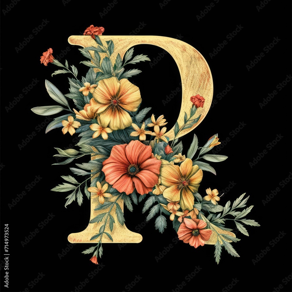 Floral Split Alphabet R Monogram, Split Letter, Split Font, Floral ...