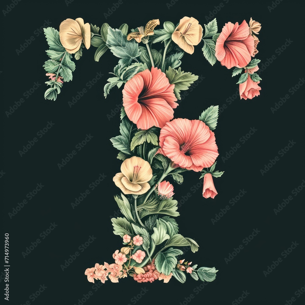 Floral Split Alphabet T Monogram, Split Letter, Split Font, Floral ...