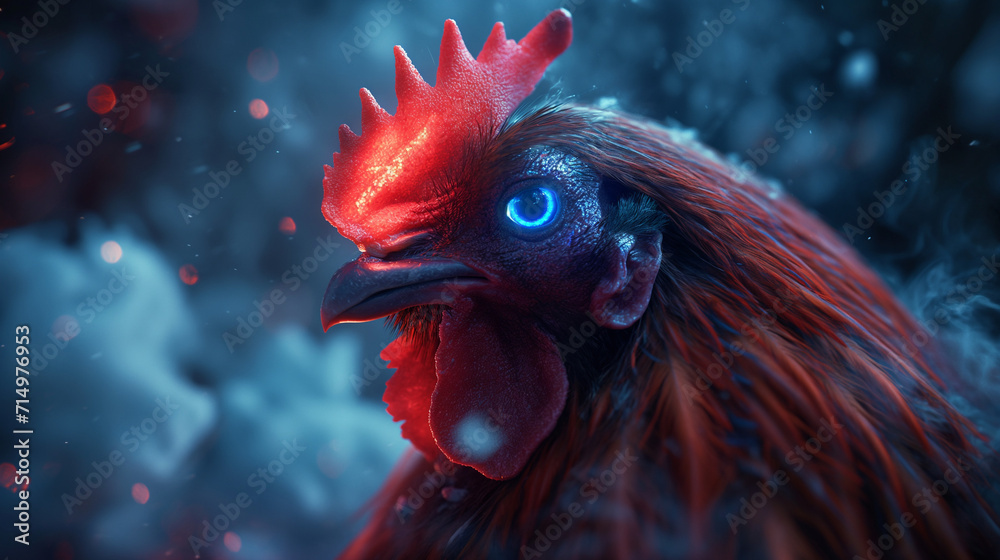 Mystical Blue Chicken with Glowing Eyes in a Fantasy Setting Stock ...