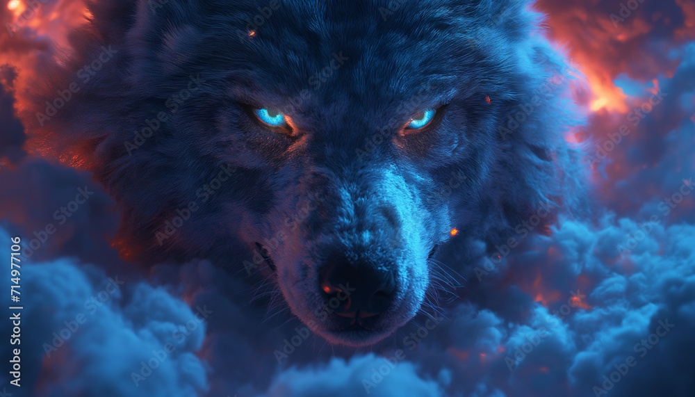 Majestic Mythical Wolf with Fiery Eyes Over Ancient Chinese Pagodas ...