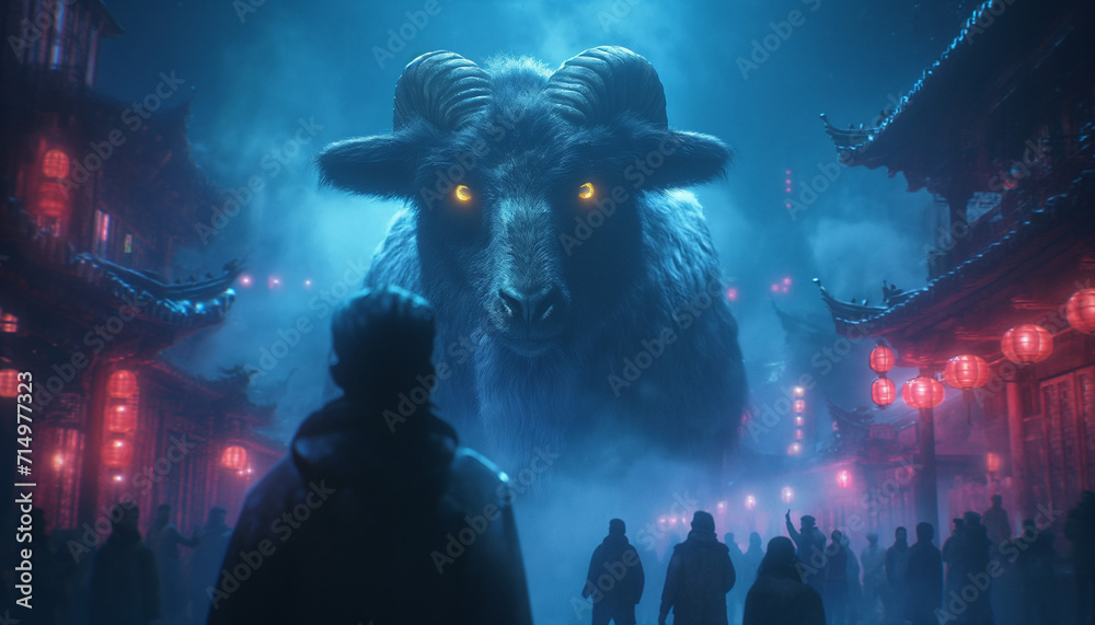 Majestic Horned Beast with Glowing Eyes in a Mystical Chinese Town ...