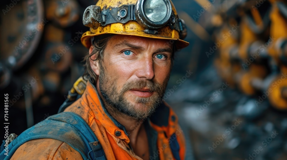 A Miner with a Hard Hat and Headlamp in a Dark Coal Mine, Operating ...