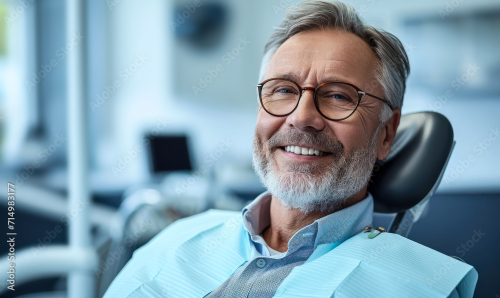 Confident mature man with a charming smile relaxing in a modern dental ...