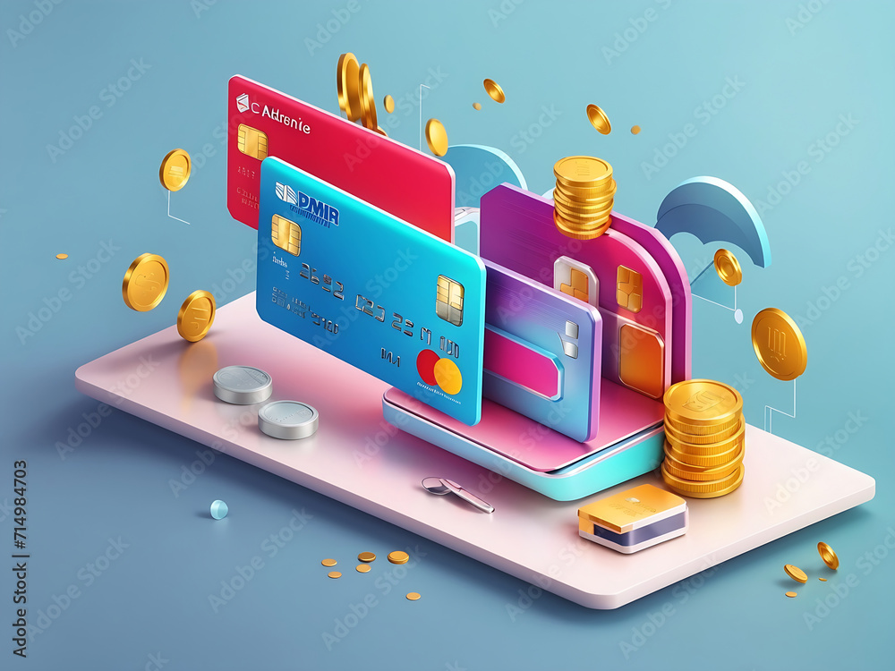 Advertising banner with 3D credit card. Non cash payments. Financial ...