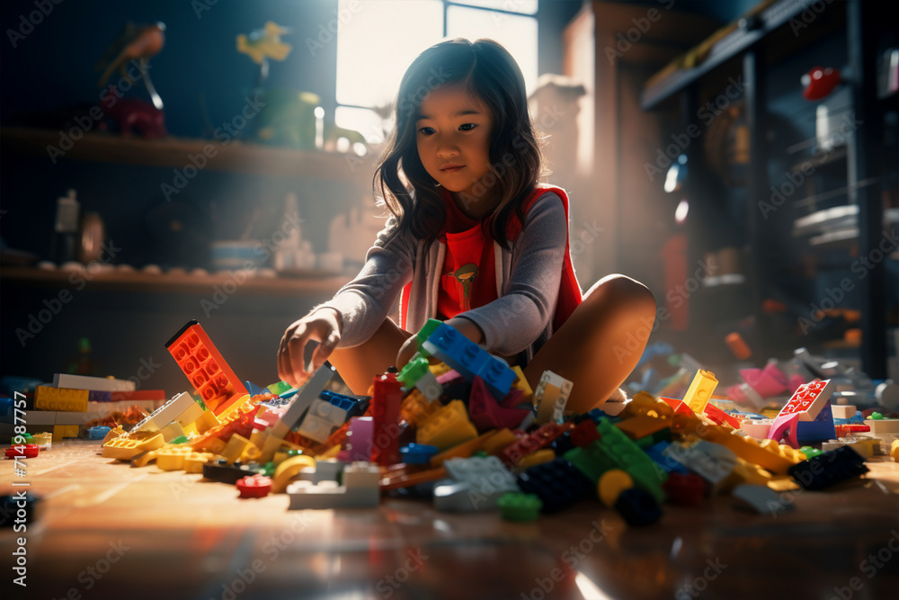 cute little asian girl playing with her legos on the floor, Generated ...