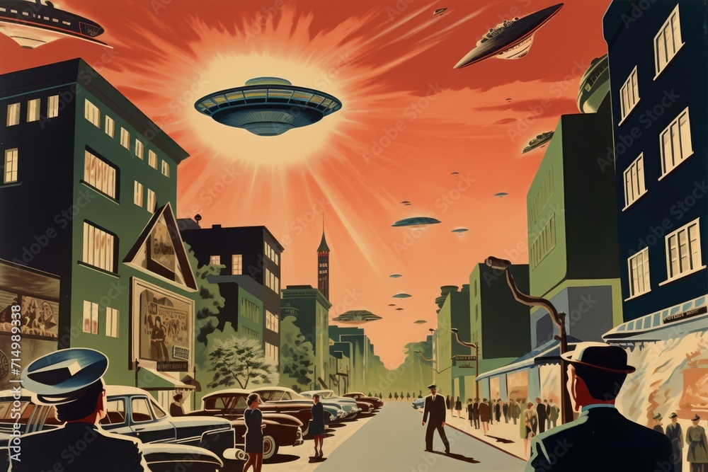 Pulp illustration of an alien invasion in a retro city, classic pulp ...