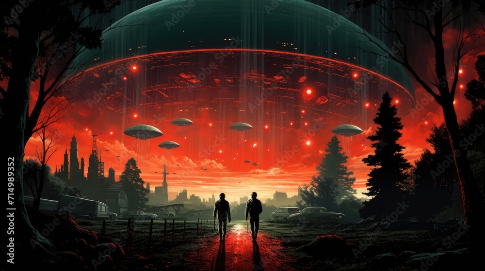 Pulp illustration of an alien invasion in a retro city, classic pulp ...