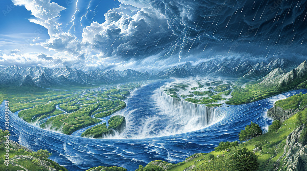 An artistic representation of the water cycle, featuring swirling ...